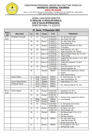 JADWAL UJIAN AKHIR SEMESTER (SMT GASAL) TA 2022/2023